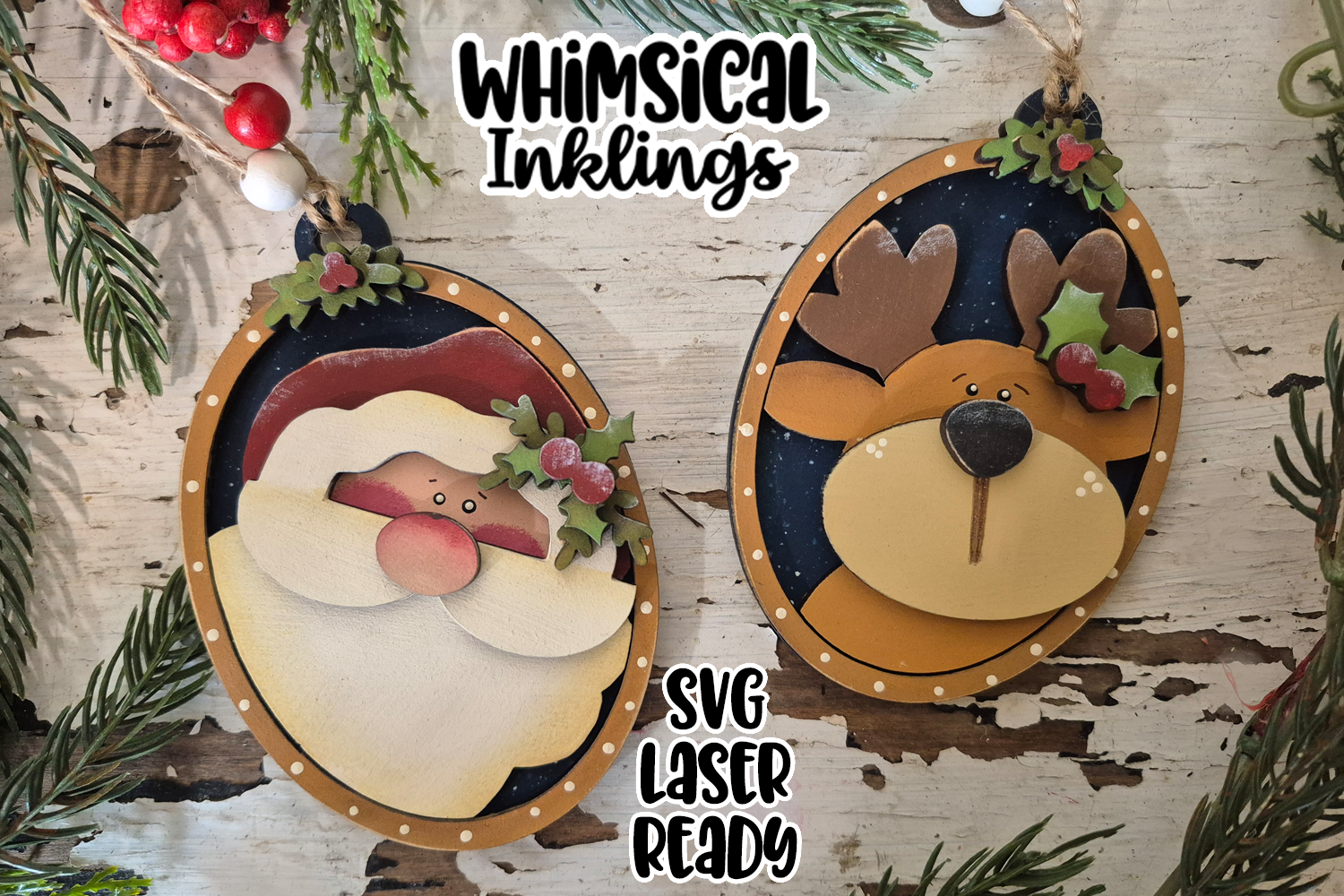 Santa and Rudy Frame Ornament Duo Laser SVG – Whimsical Inklings