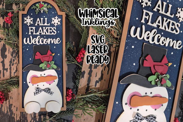 All Flakes Welcome Snowman Vertical Sign Laser SVG – Whimsical Inklings